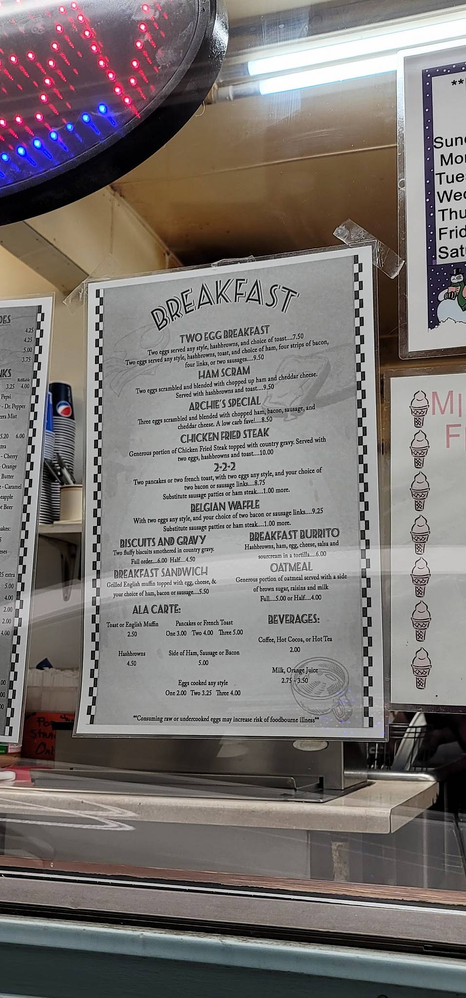 Menu at Bill & Bea's Drive In restaurant, Centralia