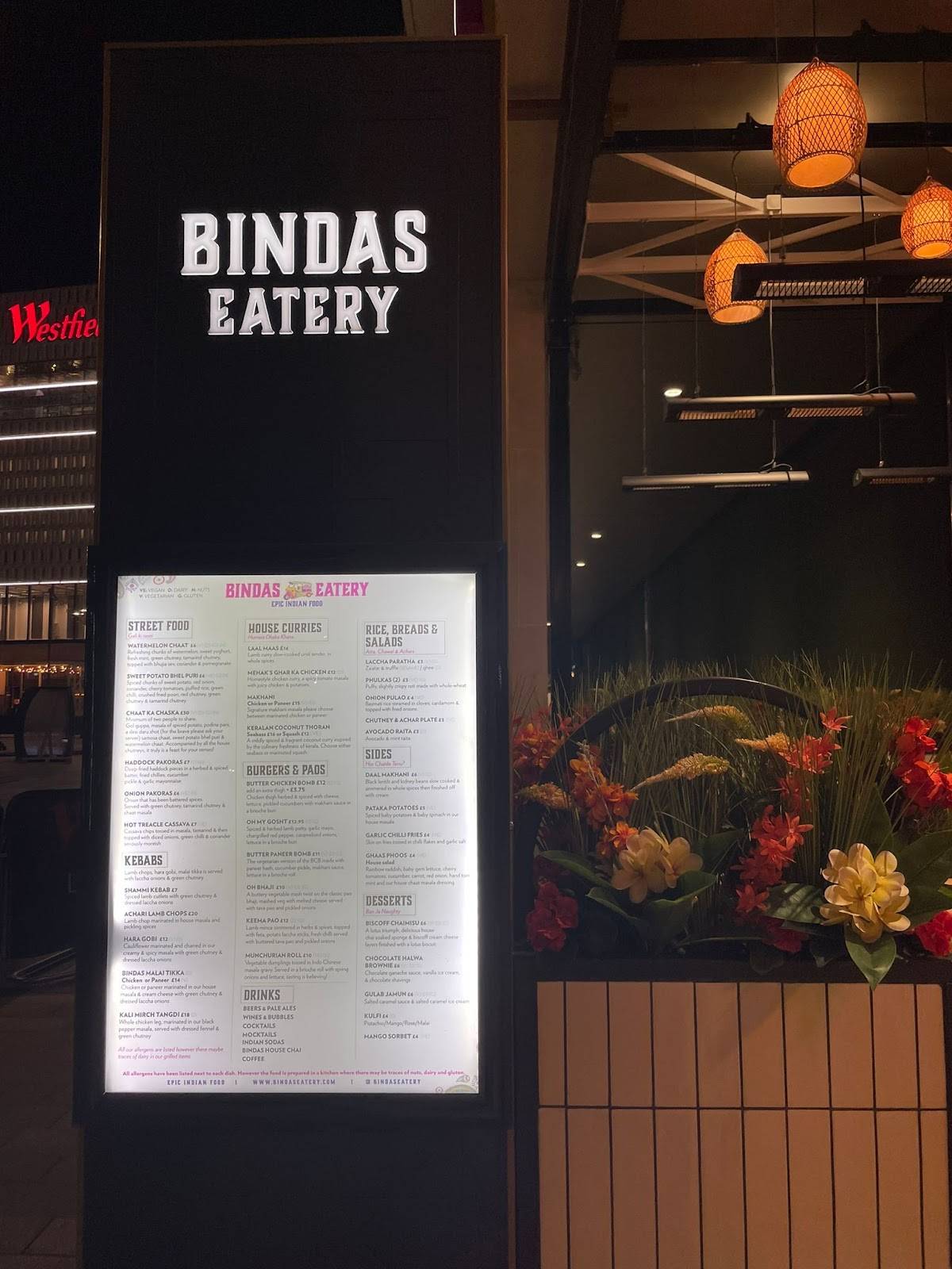 Menu at Bindas Eatery Westfield restaurant, London