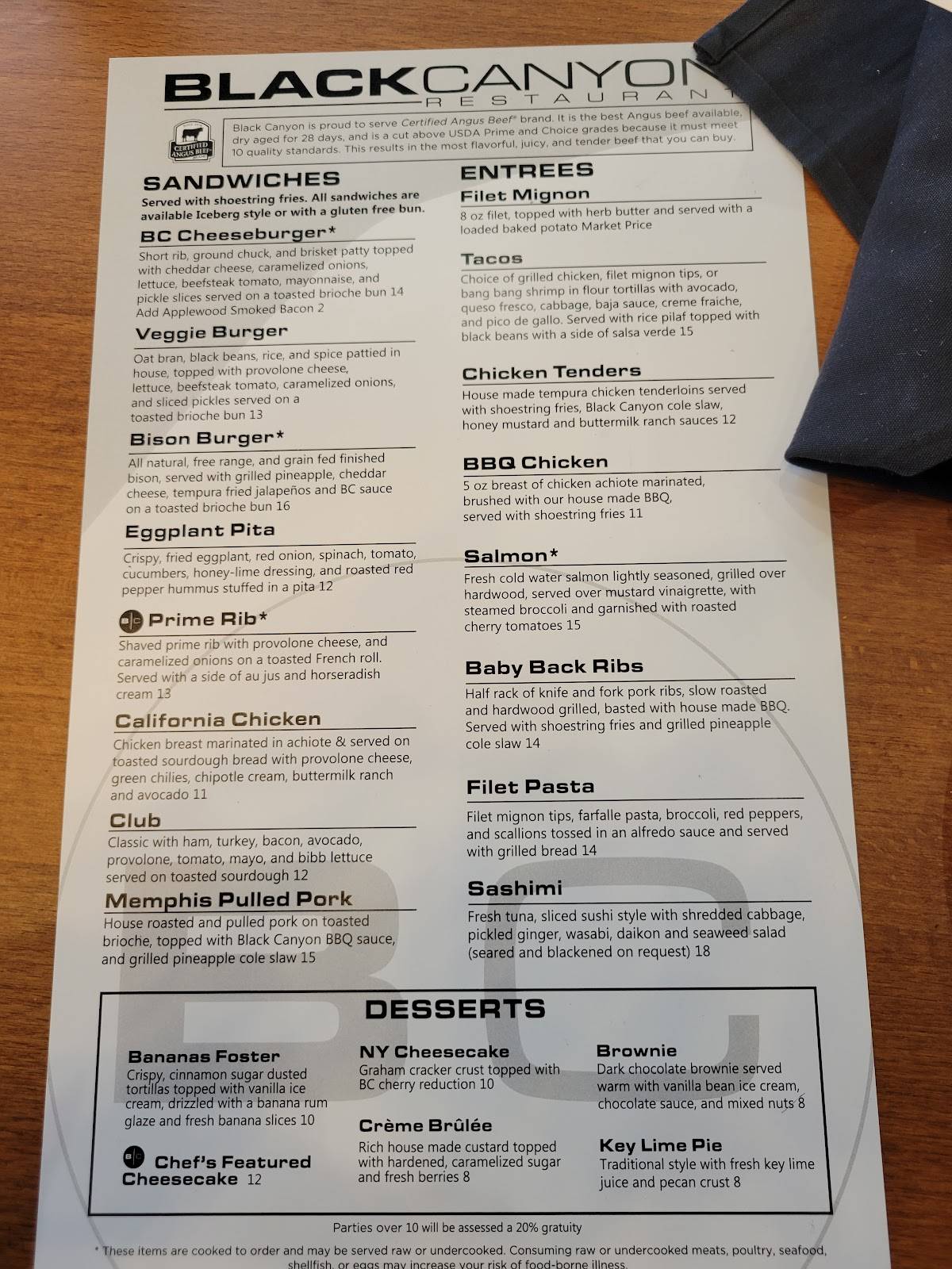 Menu at Black Canyon Restaurant, Fort Wayne