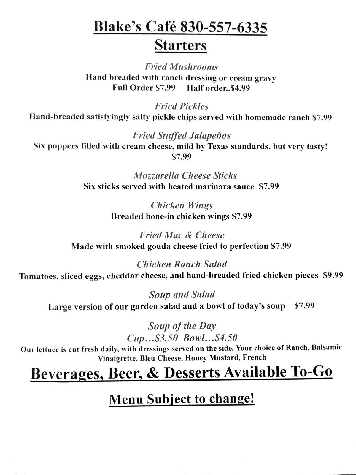Menu at Blake's Cafe, McQueeney