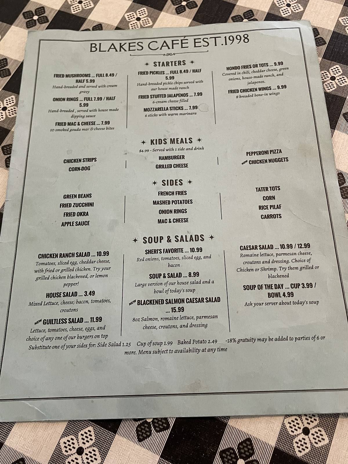 Menu at Blake's Cafe, McQueeney