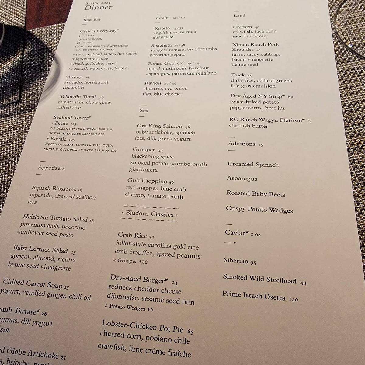Menu at Bludorn restaurant, Houston