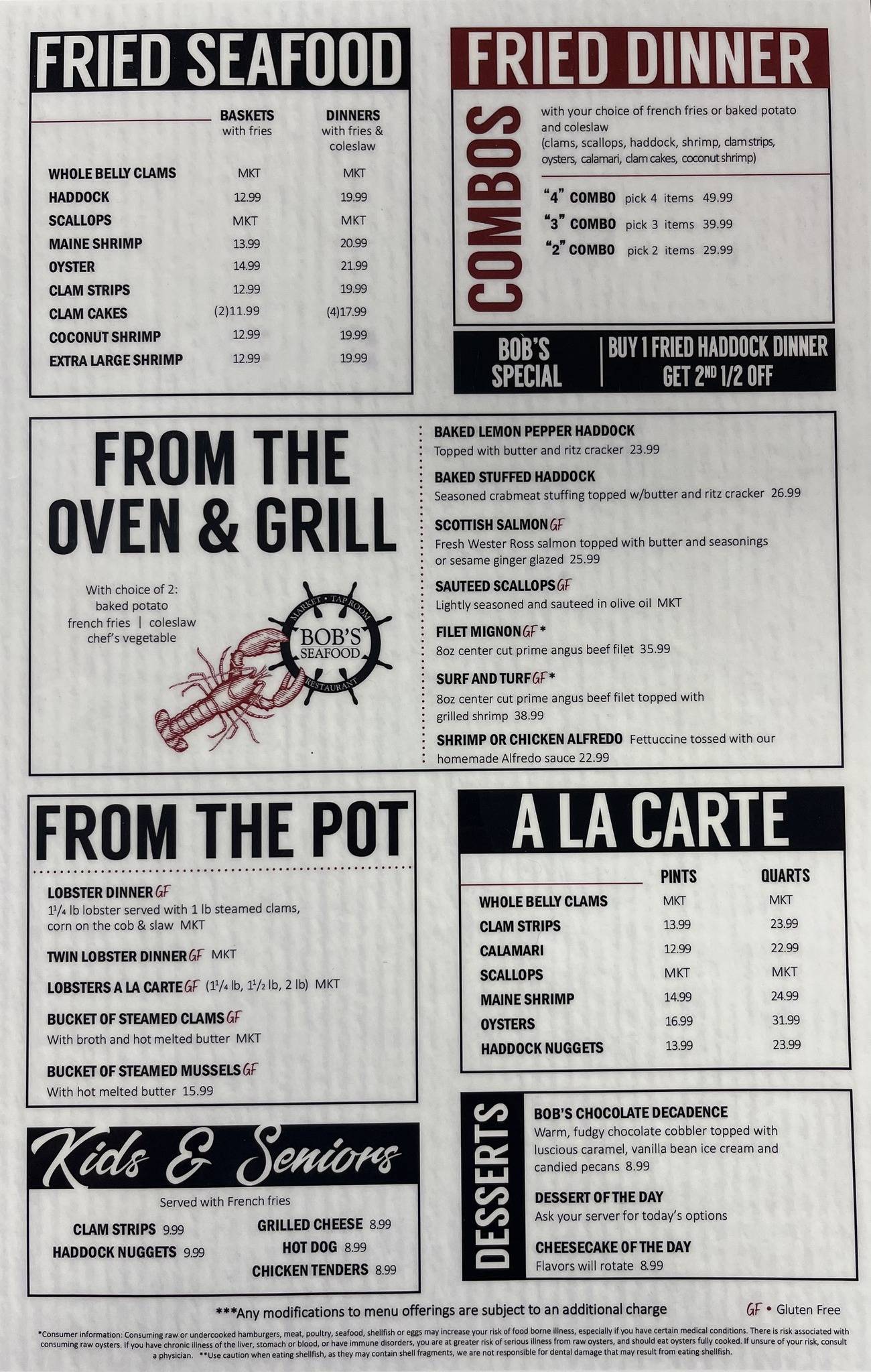 Menu at Bob's Seafood restaurant, Windham, 901 Roosevelt Trail
