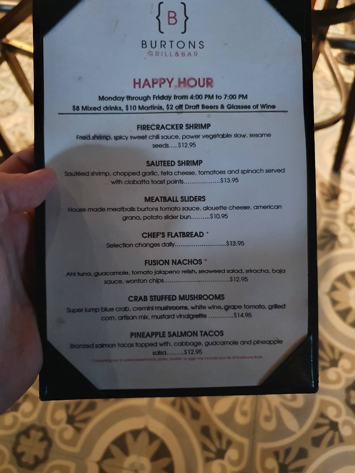 Menu at Burtons Grill & Bar, Boca Raton