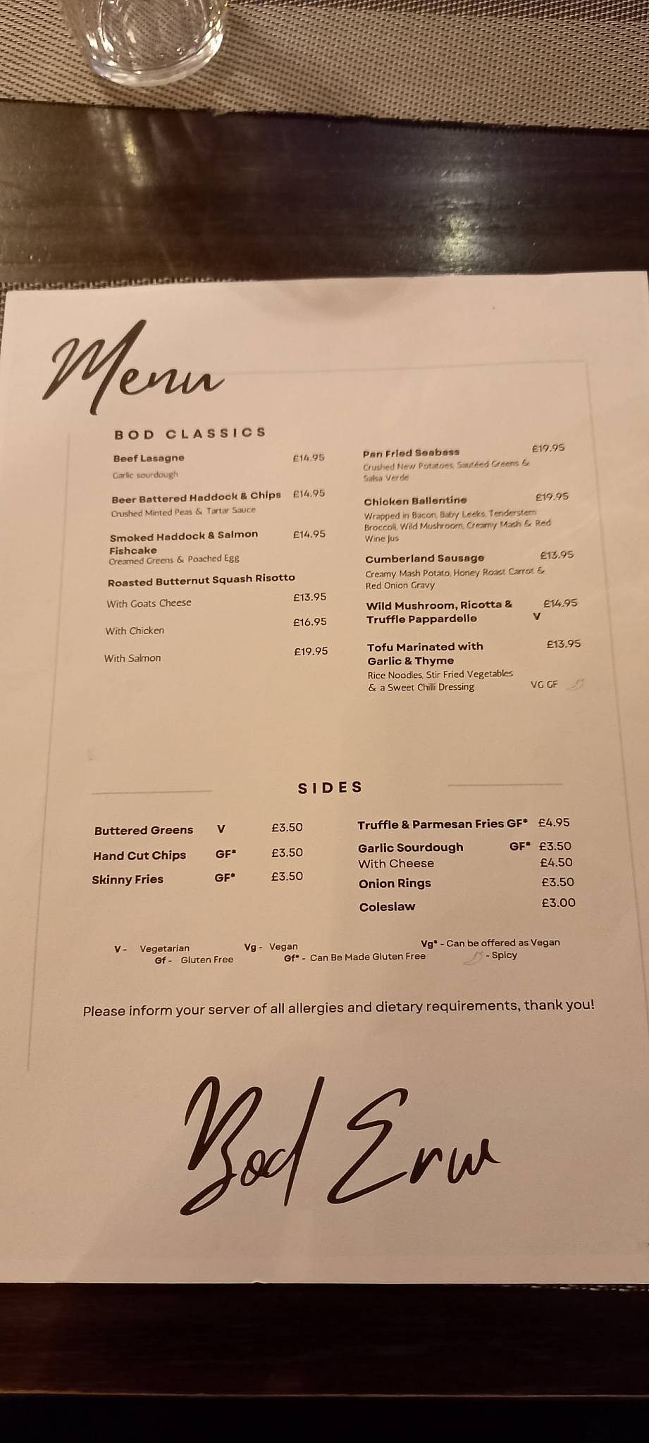 Menu at Bod Erw Restaurant, Saint Asaph