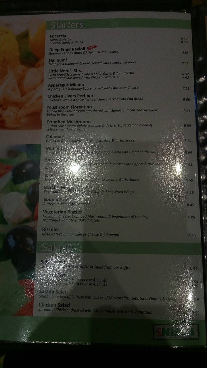 Menu at Little Neros restaurant, Boksburg