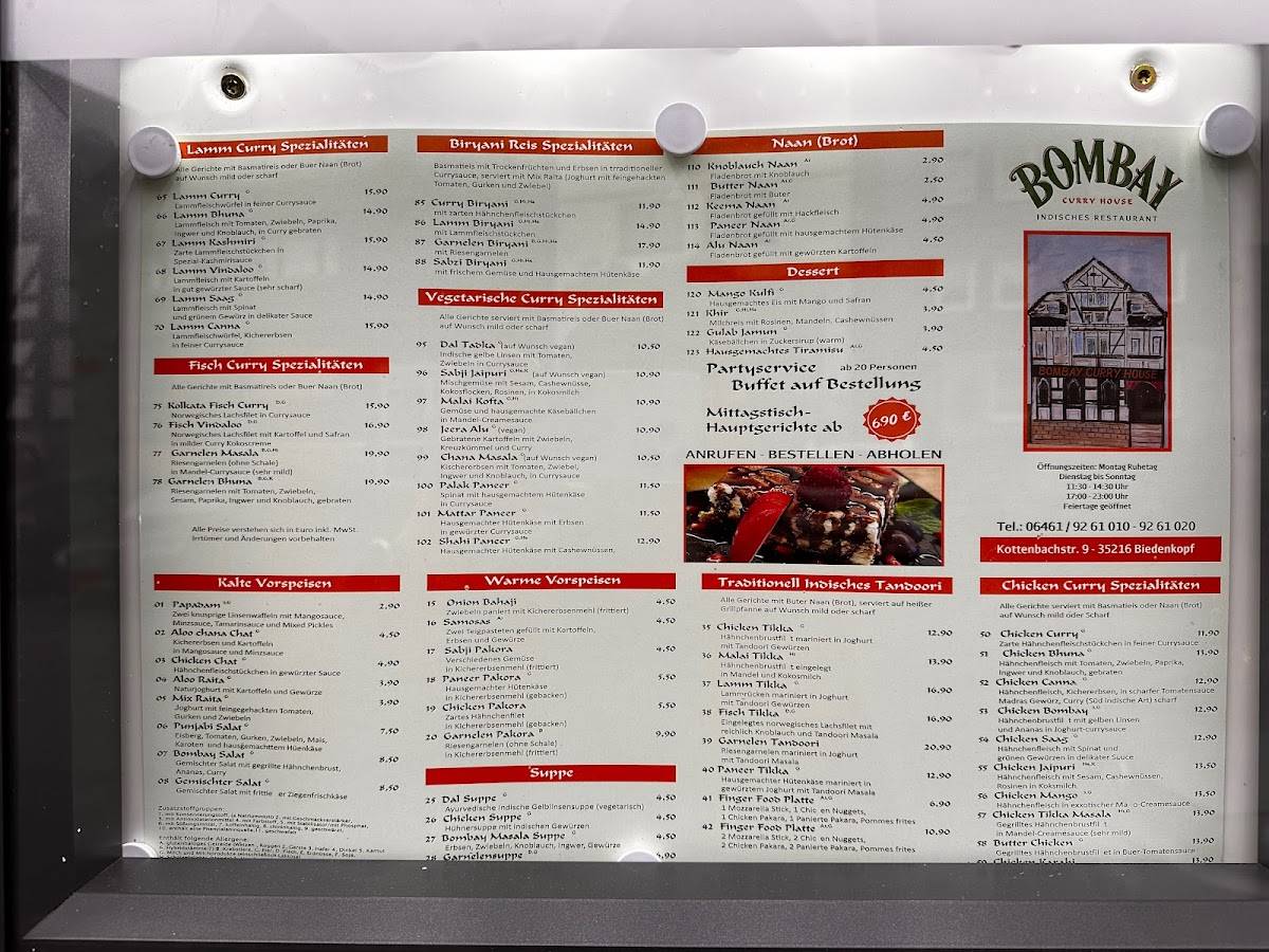 Speisekarte von Bombay Curry House restaurant, Biedenkopf