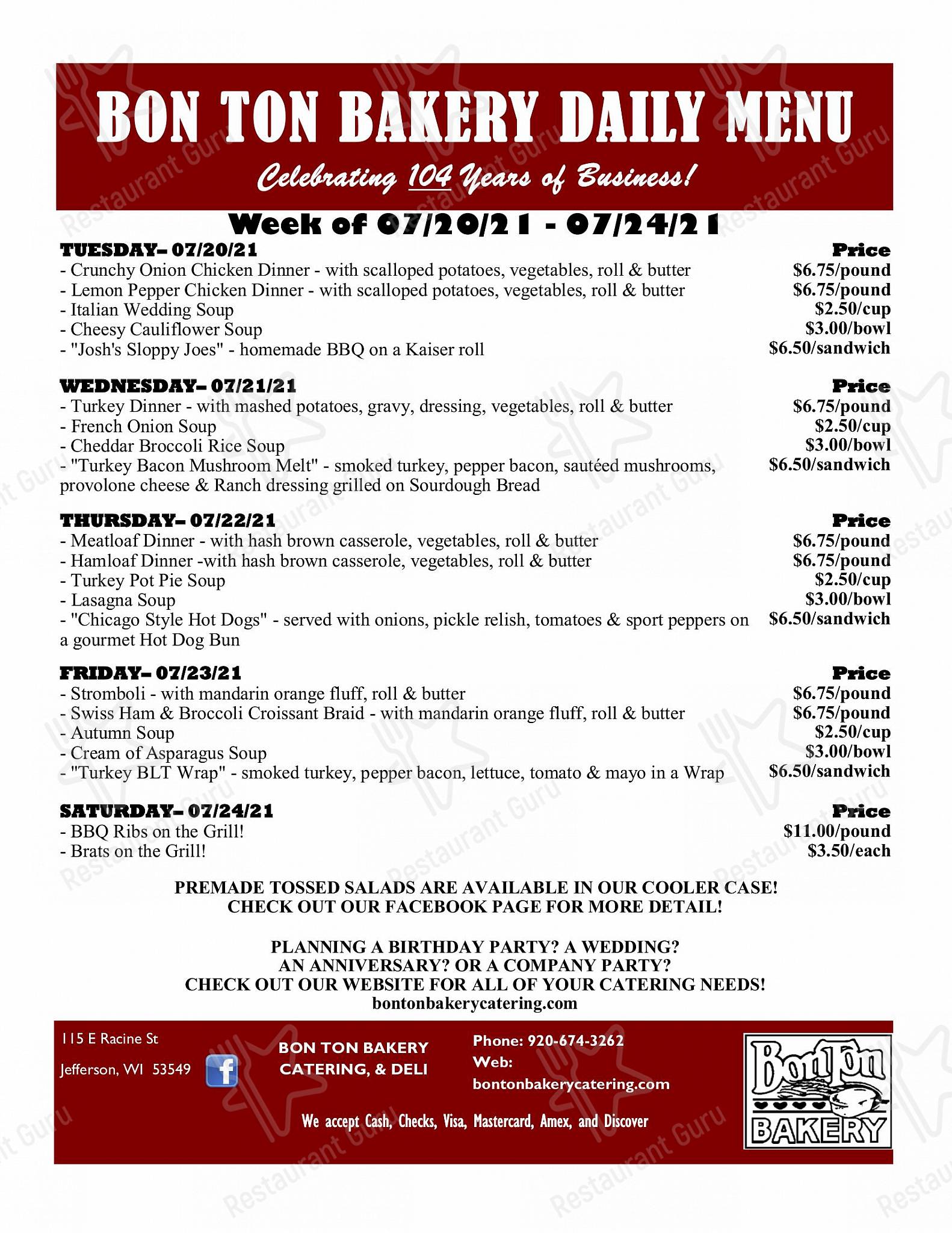 Menu at Bon Ton Bakery, Jefferson