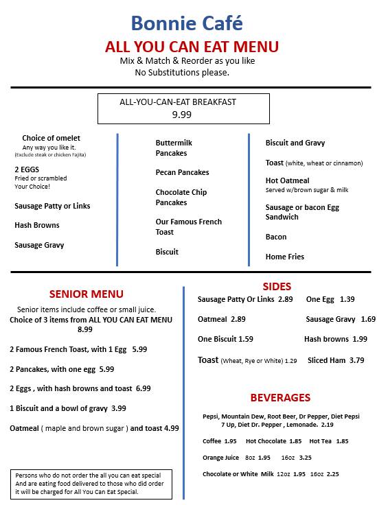 Menu at Bonnie Cafe, Osage Beach