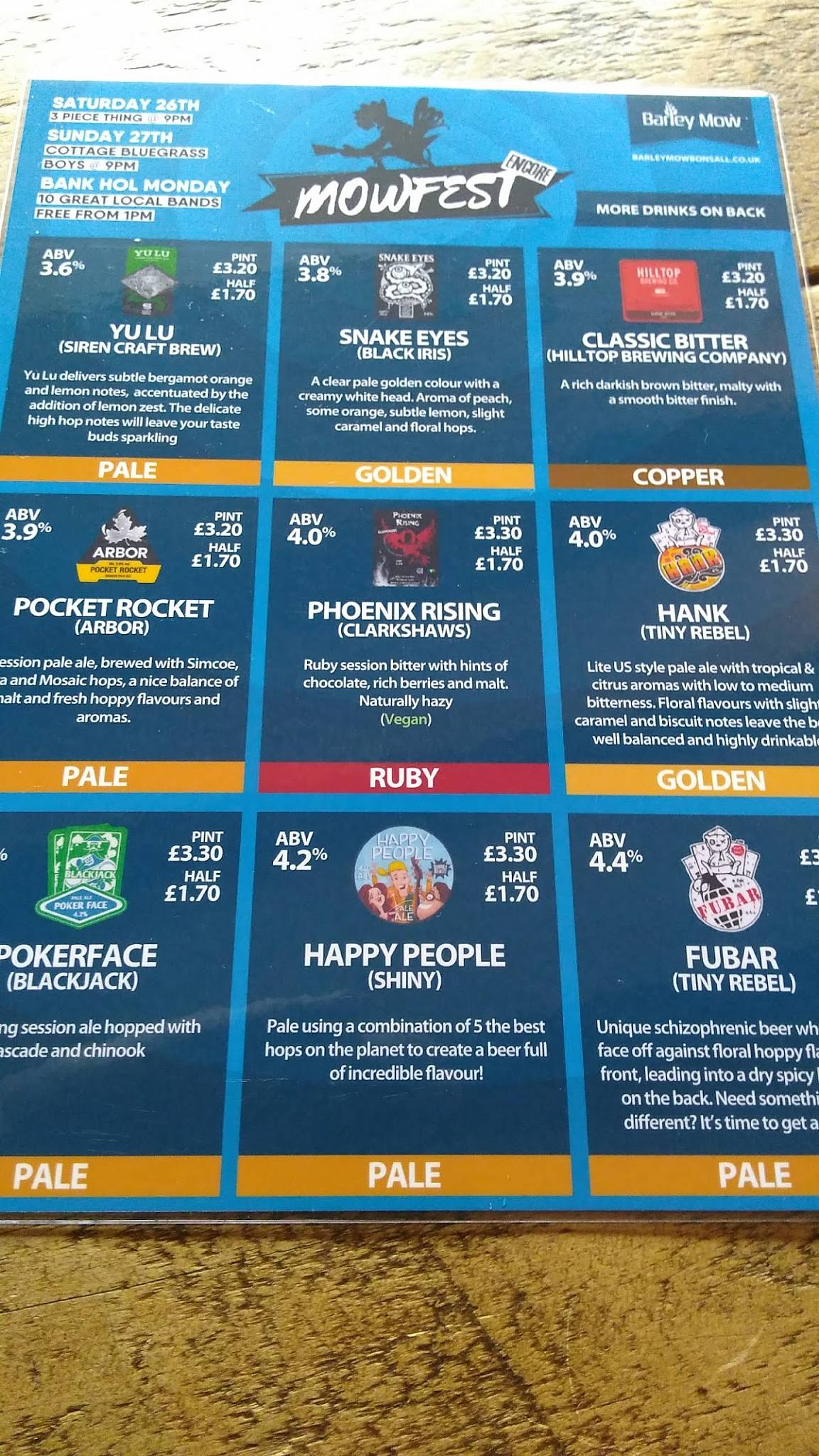 Menu at The Barley Mow, Matlock