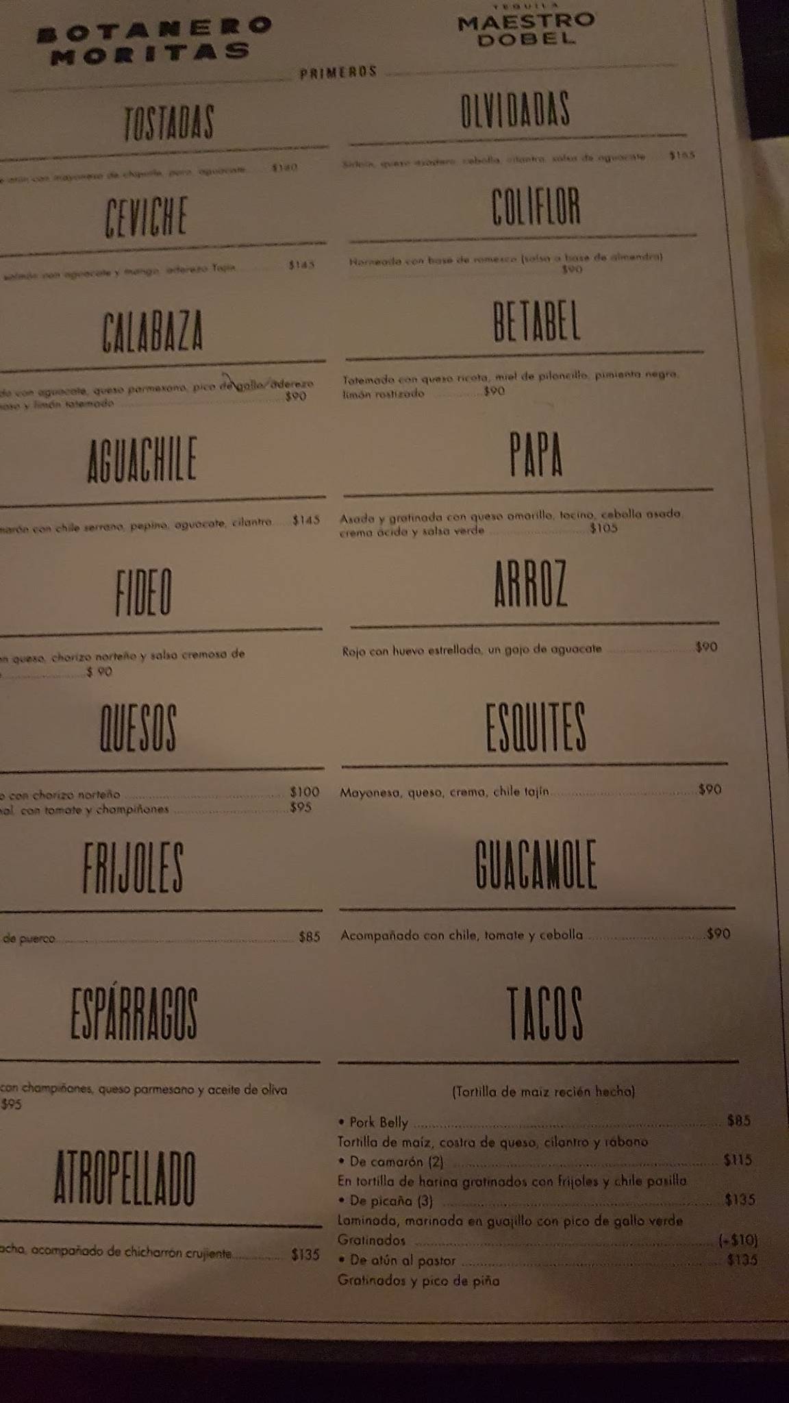 Carta del pub y bar Botanero Moritas, Monterrey, Juan Ignacio Ramón 852 ...