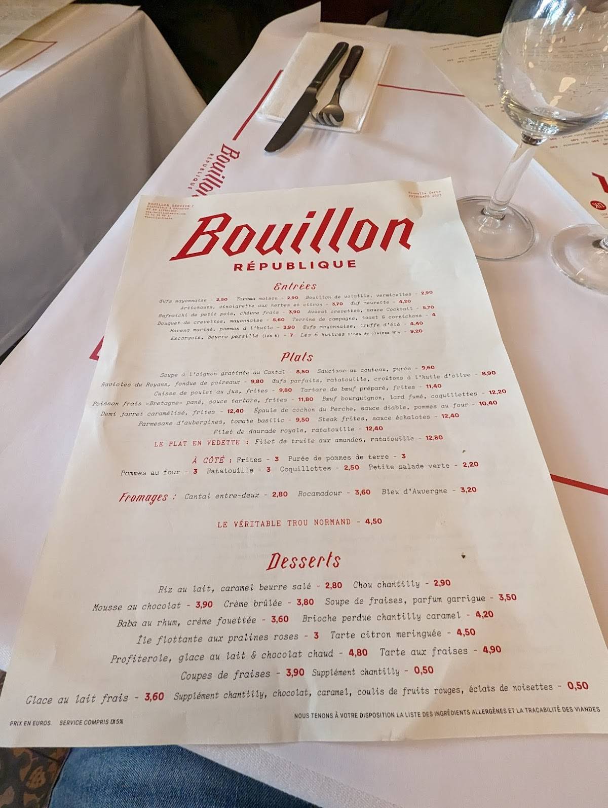 Menu au Bouillon République, Paris