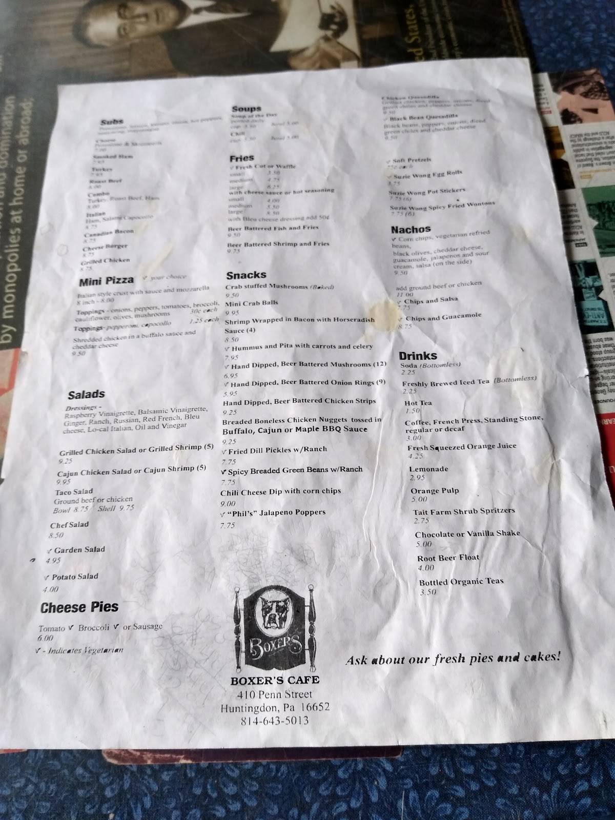 Menu at Boxer's Cafe, Huntingdon