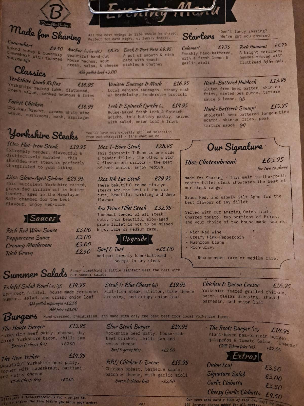 Menu at Brambles Bistro restaurant, Robin Hood's Bay