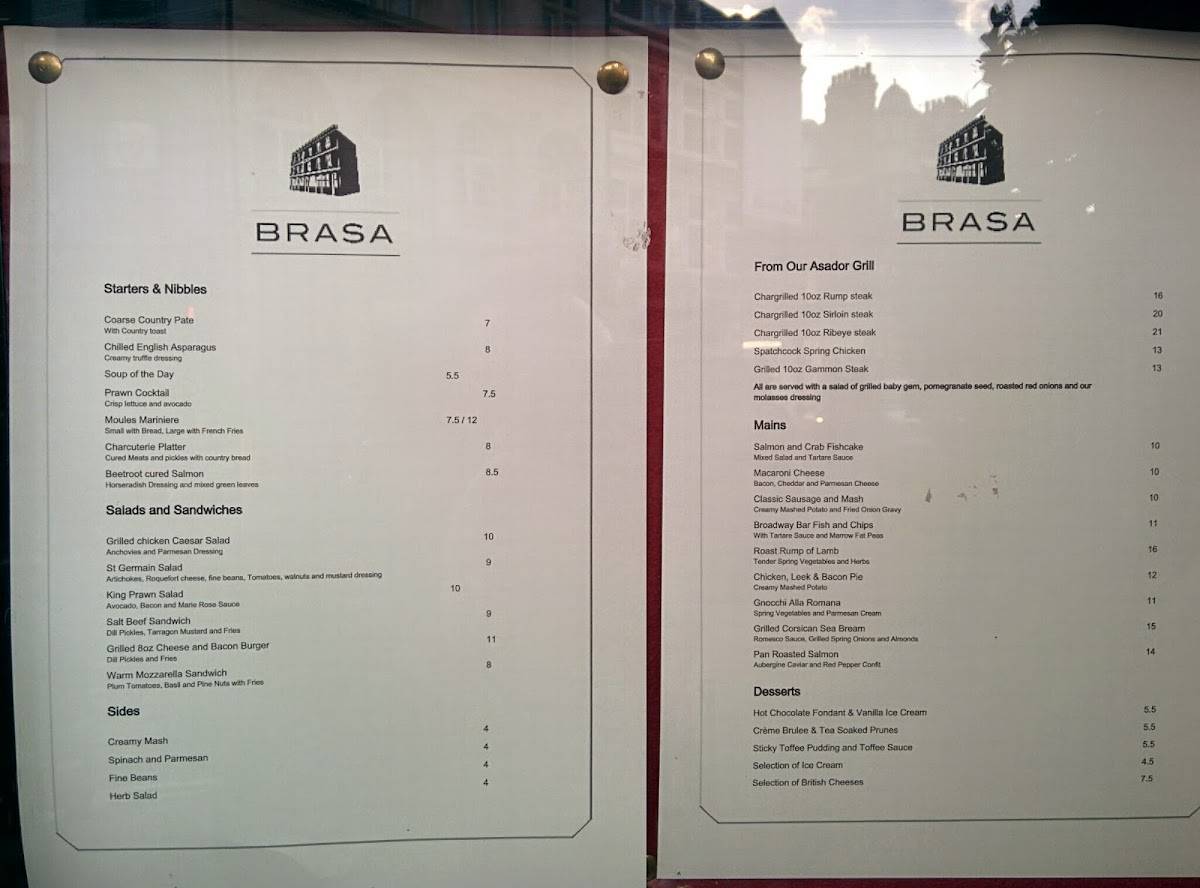 Menu at Brasa restaurant, London, 104 Finchley Rd