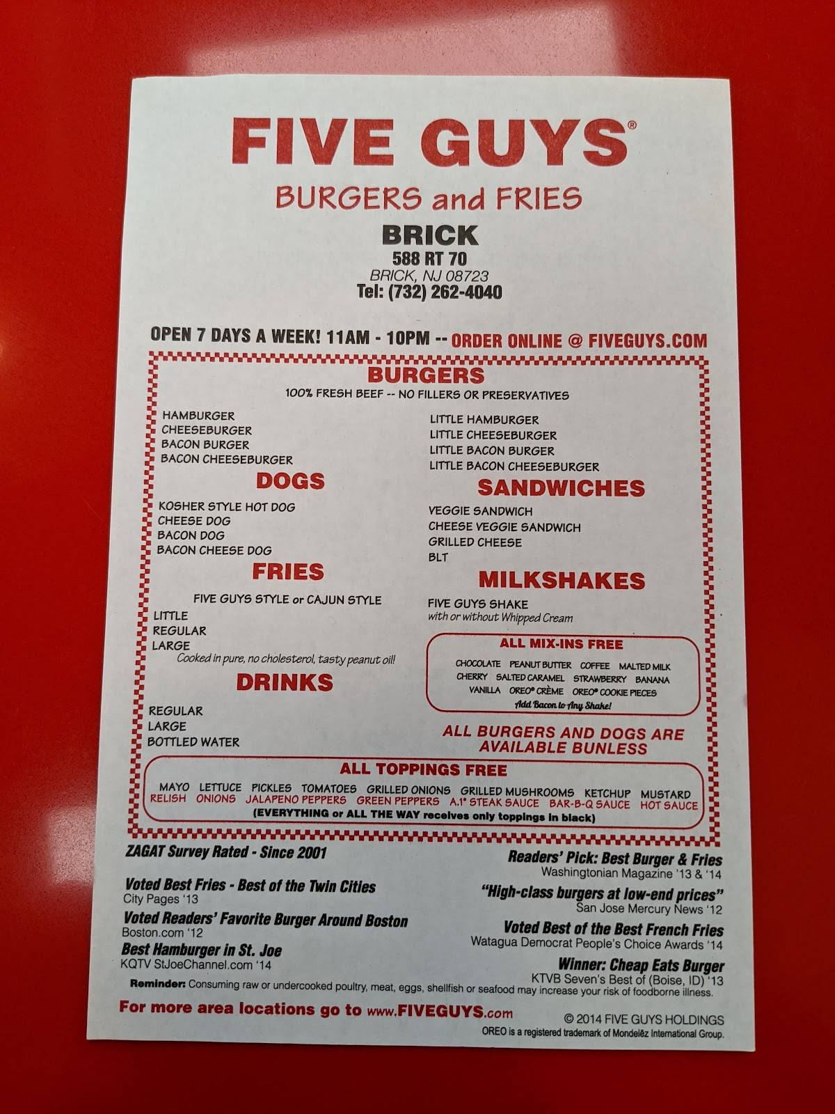 Menu at Five Guys fast food, Brick, 588 NJ-70