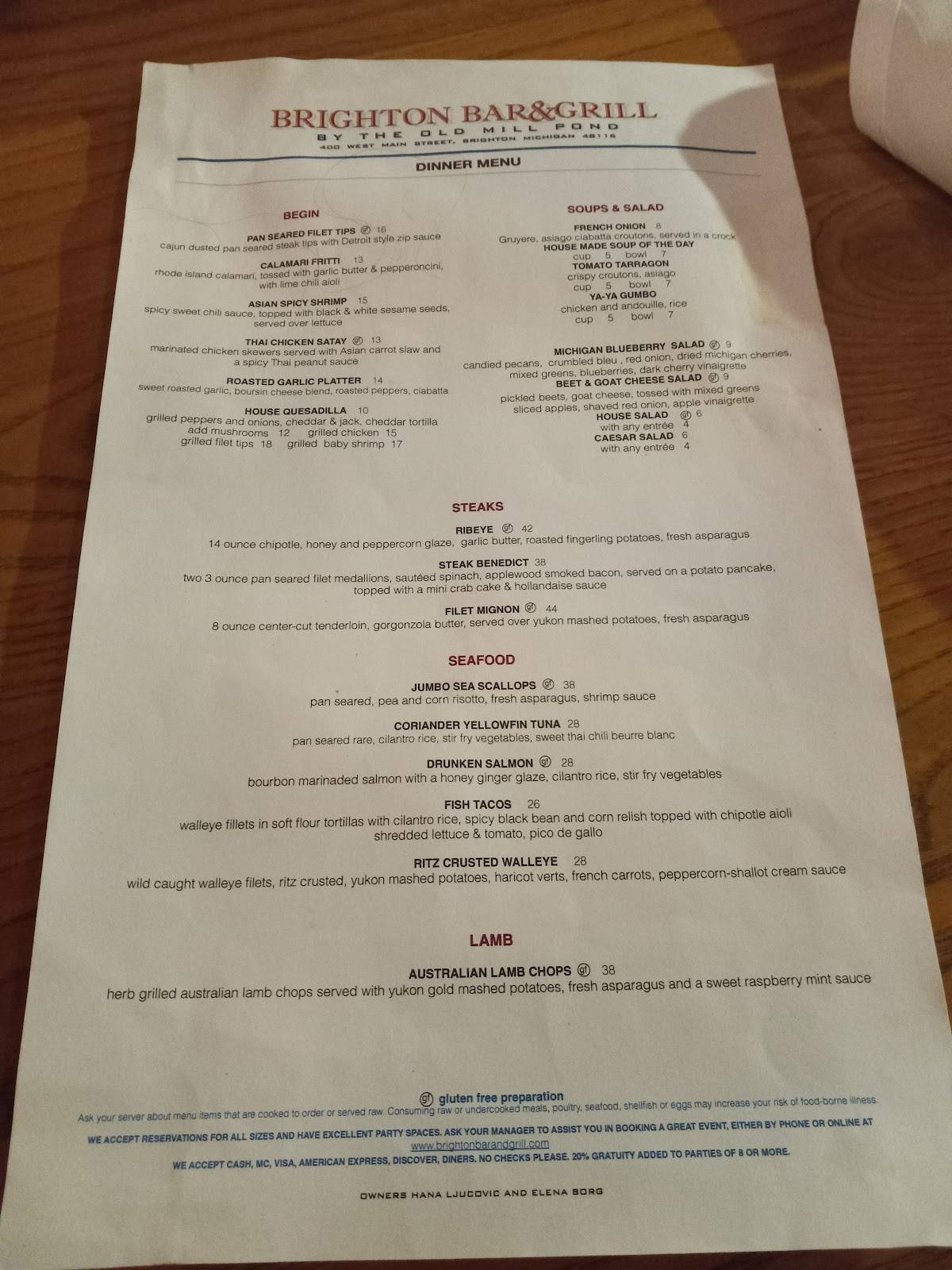 Menu at Brighton Bar & Grill, Brighton