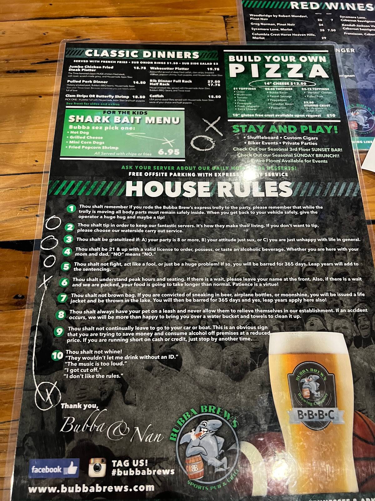 Menu at Bubba Brews - On Lake Hamilton pub & bar, Hot Springs
