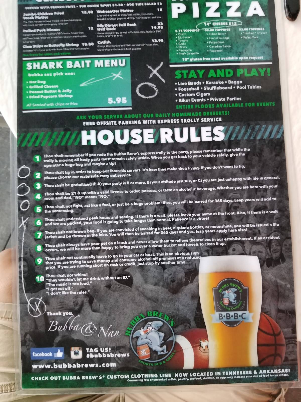 Menu at Bubba Brews - On Lake Hamilton pub & bar, Hot Springs
