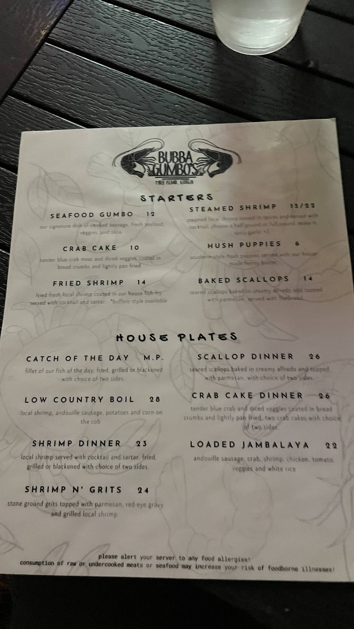 Menu at Bubba Gumbo’s restaurant, Tybee Island