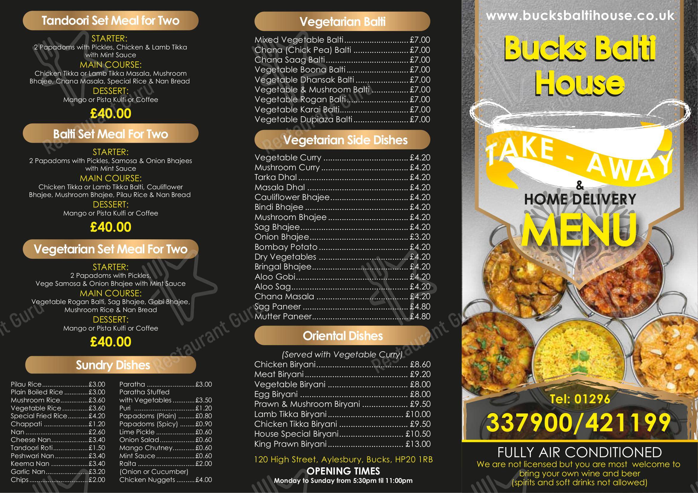 Menu at Bucks Balti House restaurant, Aylesbury