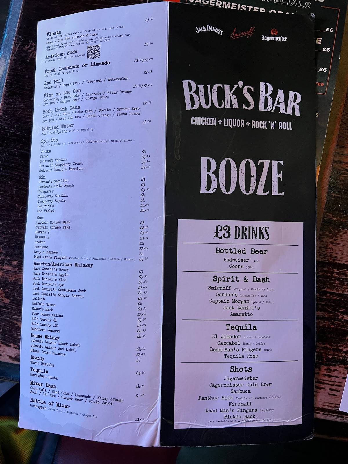 Menu at Buck's Bar, Glasgow