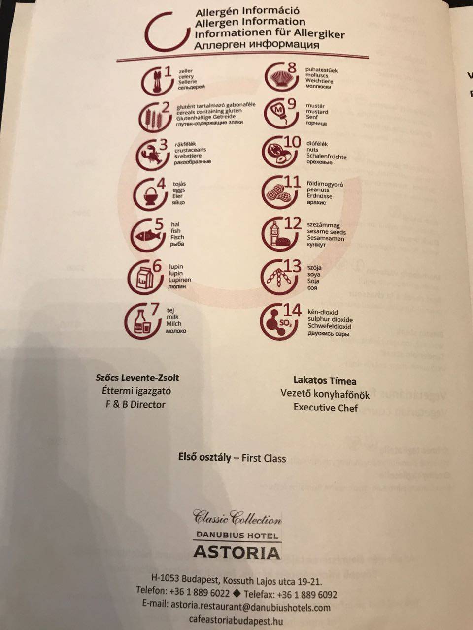 Menu at Café Astoria Restaurant, Budapest