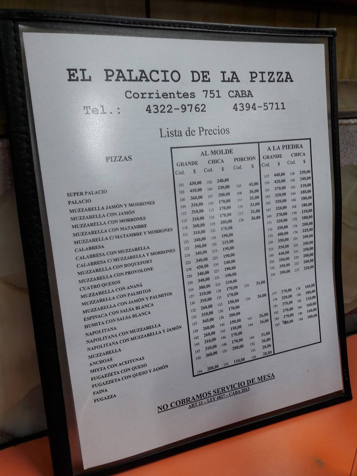 Carta de pizzería El Palacio de la Pizza, Buenos Aires