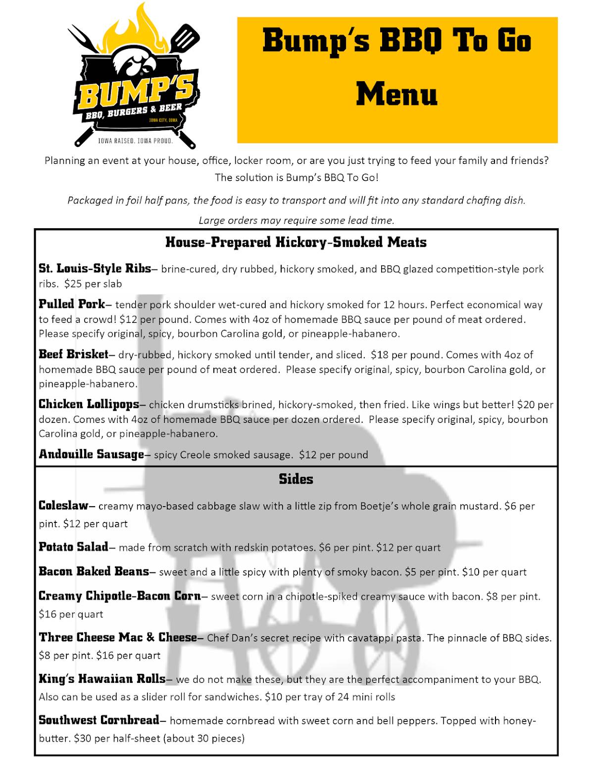 Menu at Bump's Restaurant, Iowa City