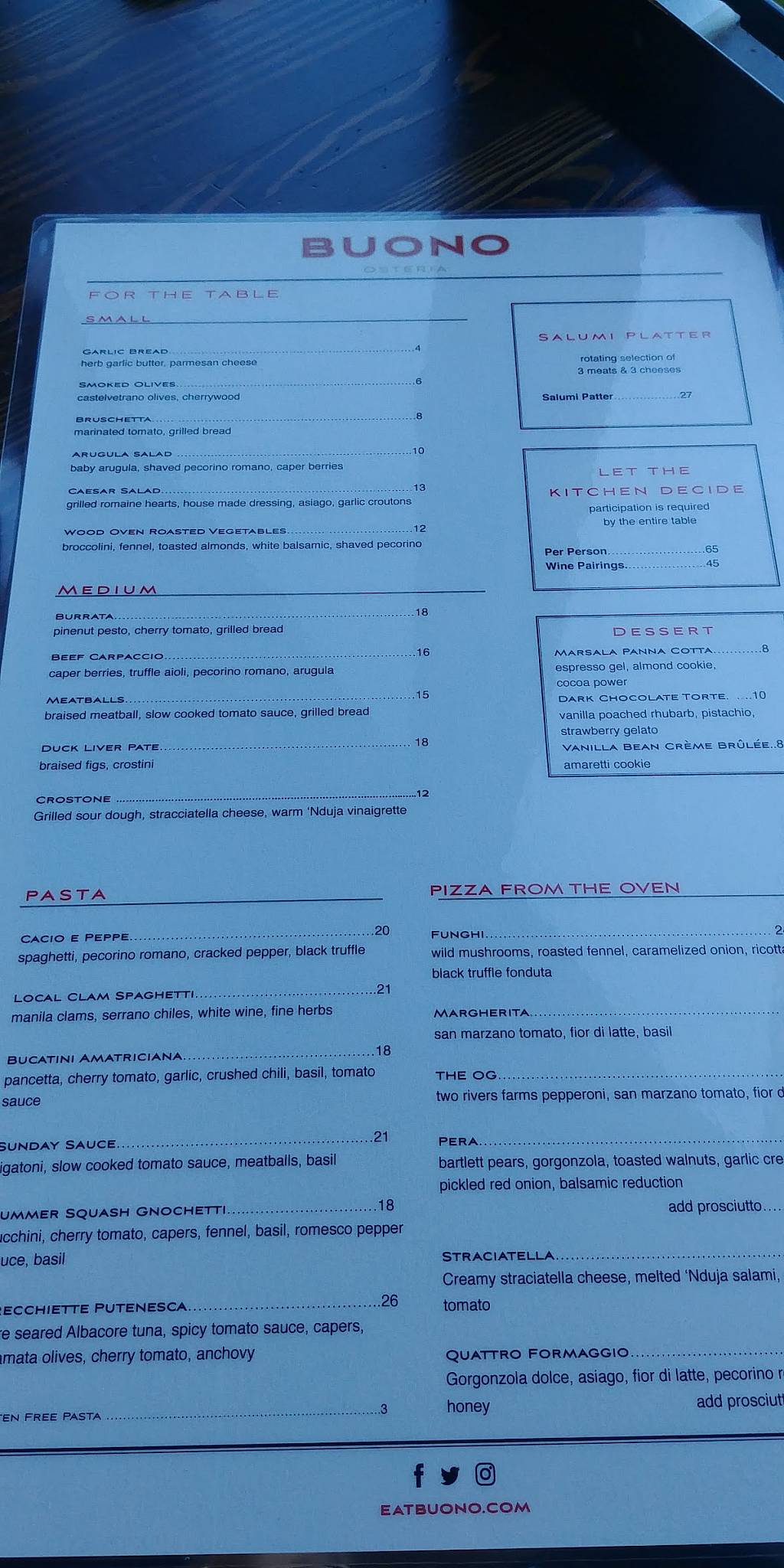Menu au Buono Osteria pizzeria, Gibsons