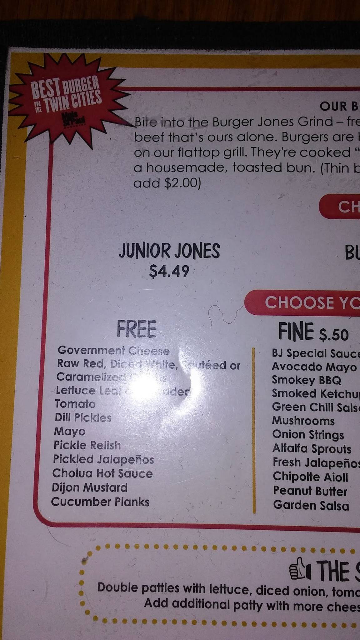 Menu at Burger Jones restaurant, Minneapolis, 3200 W Lake St
