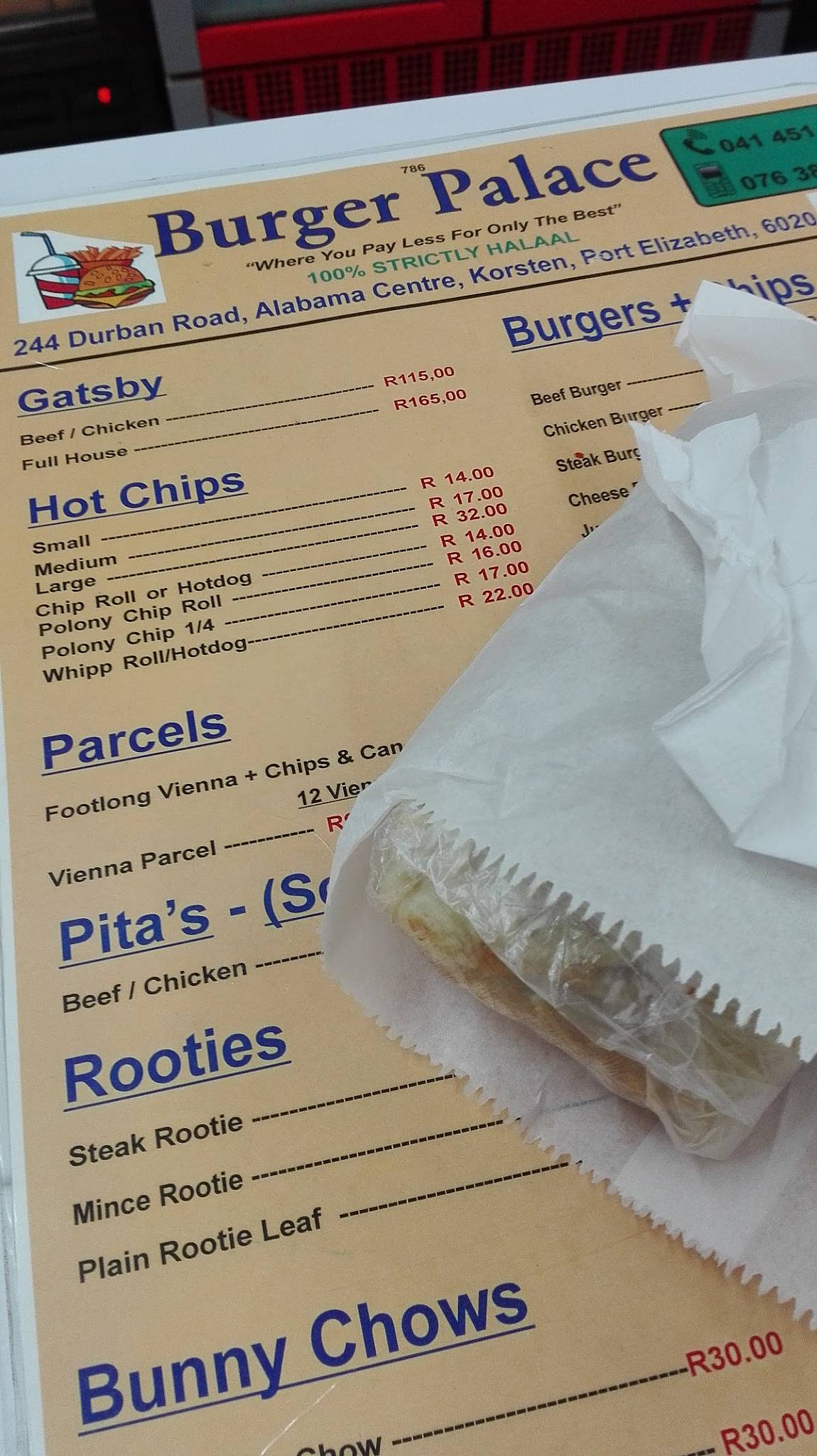 Menu at Burger Palace restaurant, Port Elizabeth