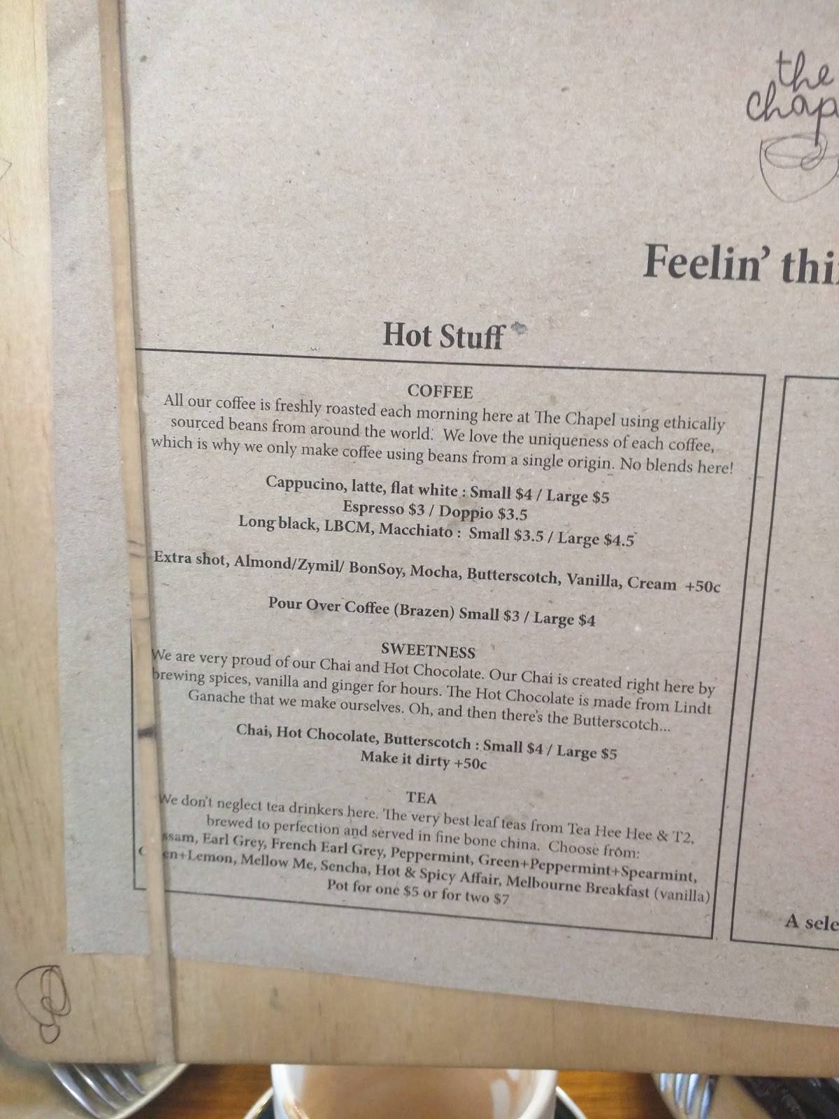 Menu at The Chapel cafe, Burnie