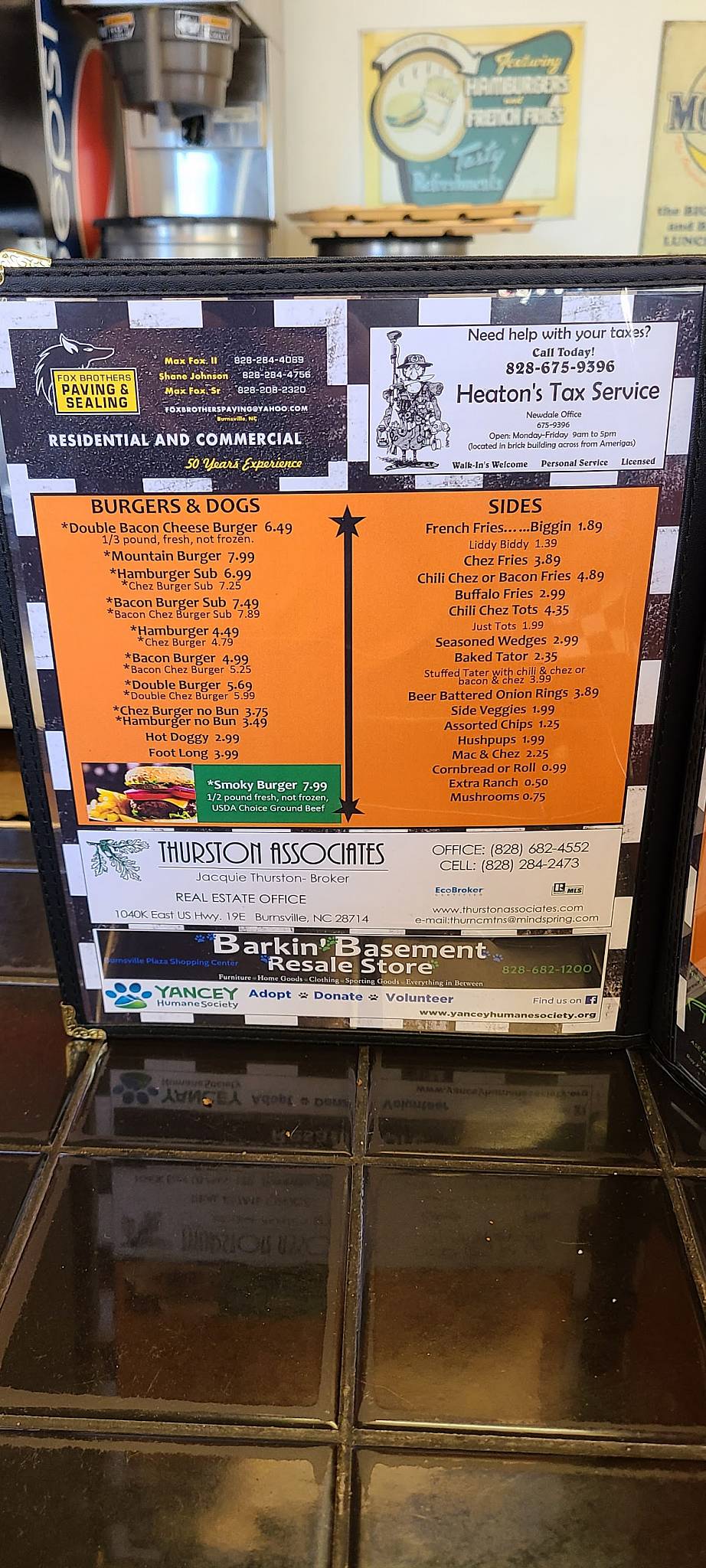 Menu at Lil' Smoky's restaurant, Burnsville