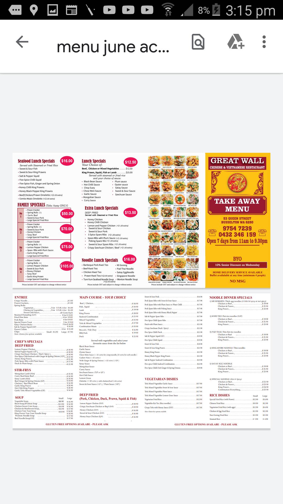 Menu at Great Wall restaurant, Busselton