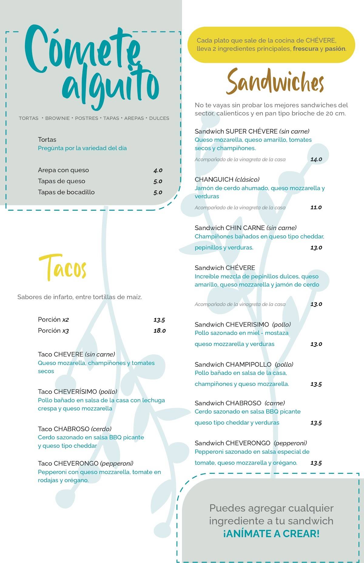 Carta de CHÉVERE licor y café, Bogotá