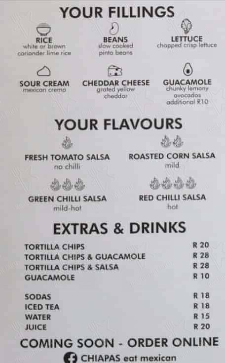 Menu at CHIAPAS eat mexican - Rosebank restaurant, Johannesburg, Shop ...