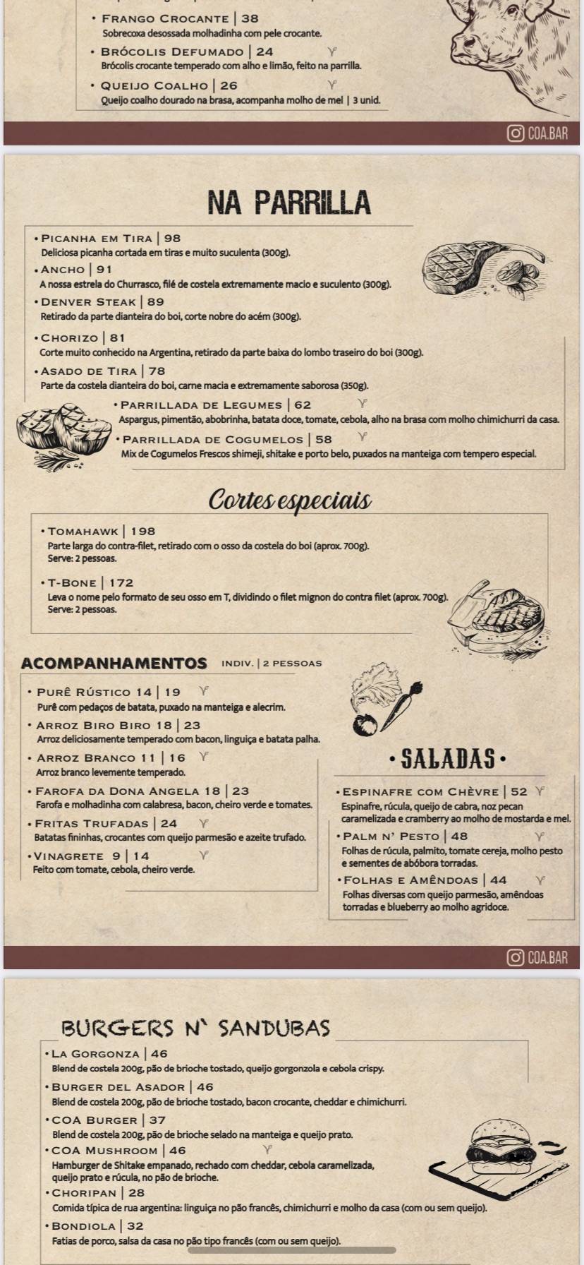 Menu at COA Bar y Parrilla, São Paulo
