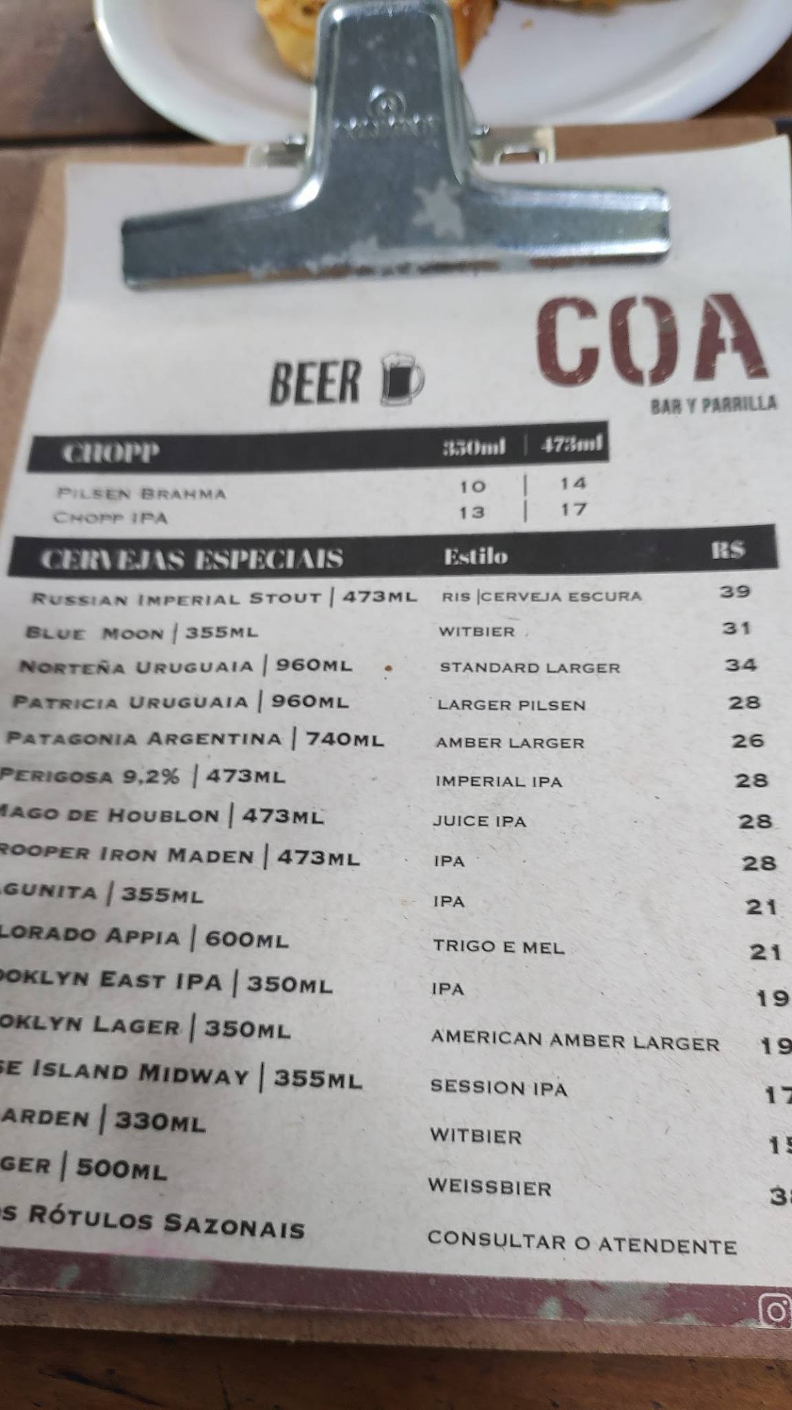 Menu at COA Bar y Parrilla, São Paulo