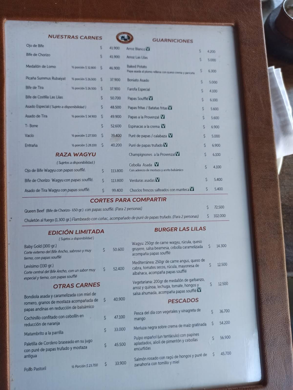 Menu at Cabaña Las Lilas steakhouse, Buenos Aires, Av. Alicia Moreau de ...