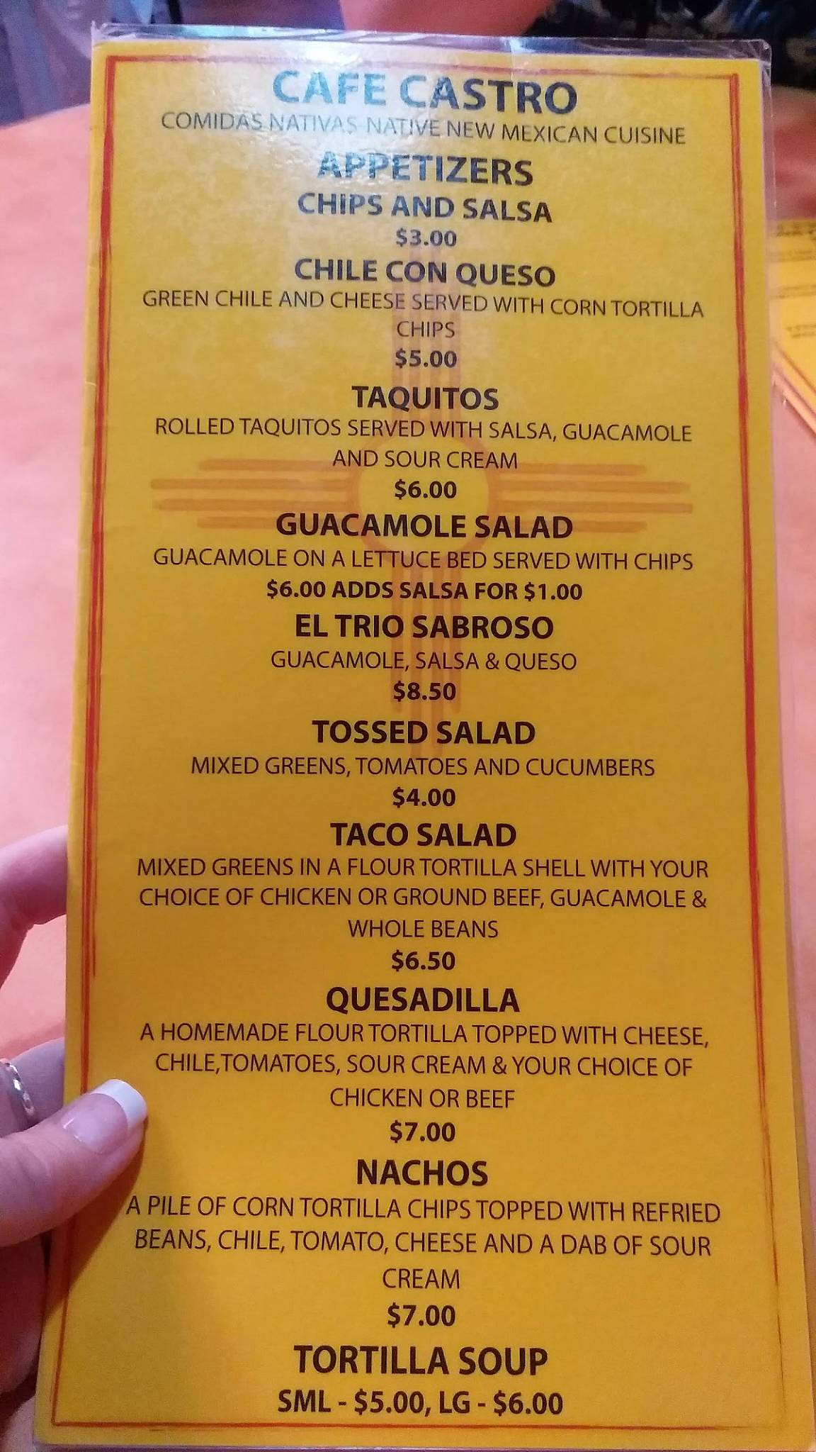 Menu at Café Castro restaurant, Santa Fe, Cerrillos Rd
