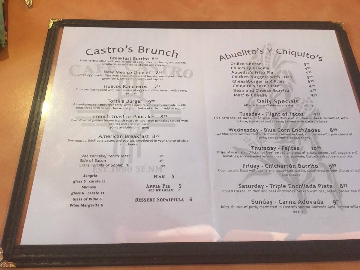 Menu at Café Castro restaurant, Santa Fe, Cerrillos Rd