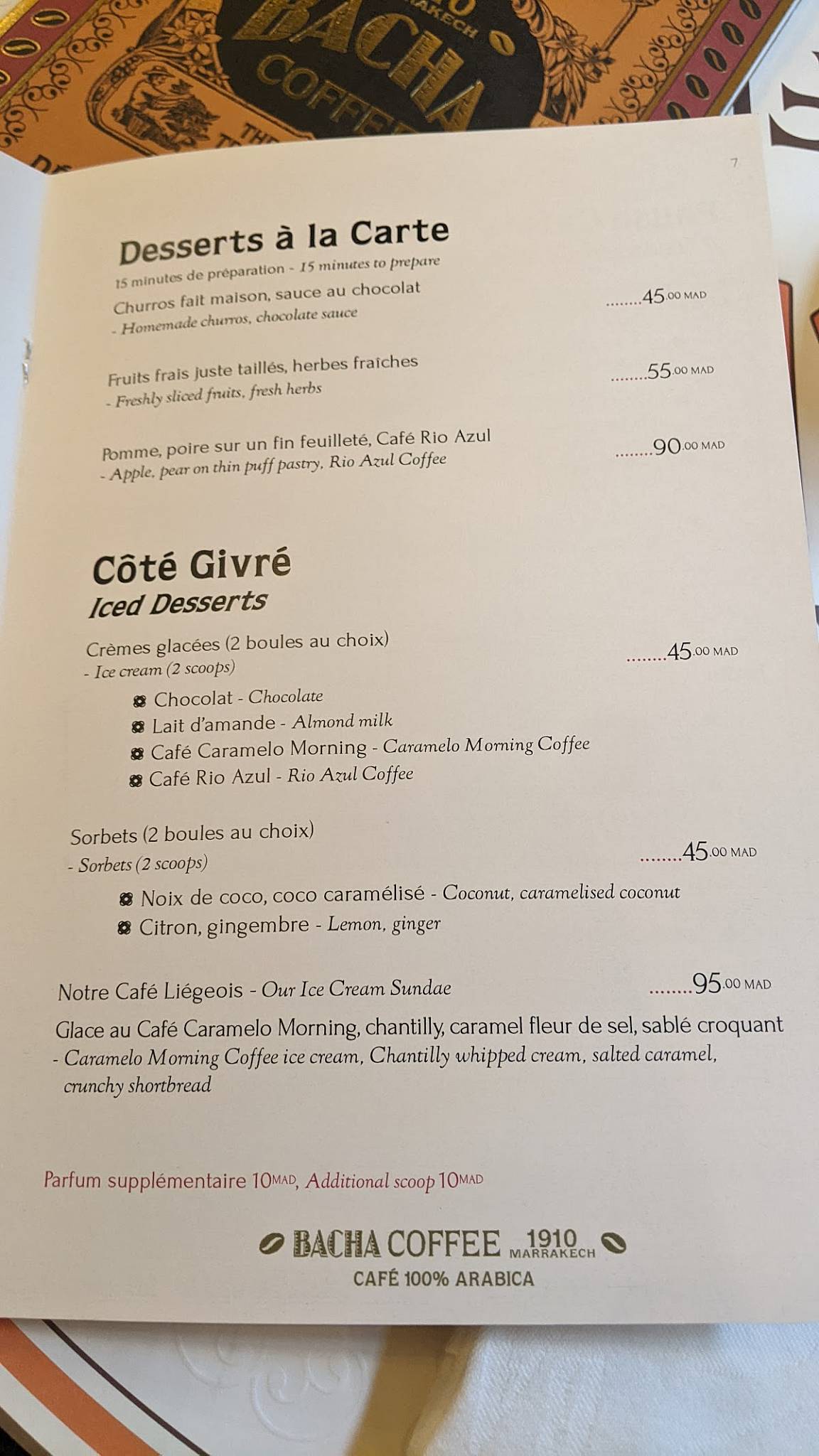 Menu at Bacha Coffee cafe, Marrakesh