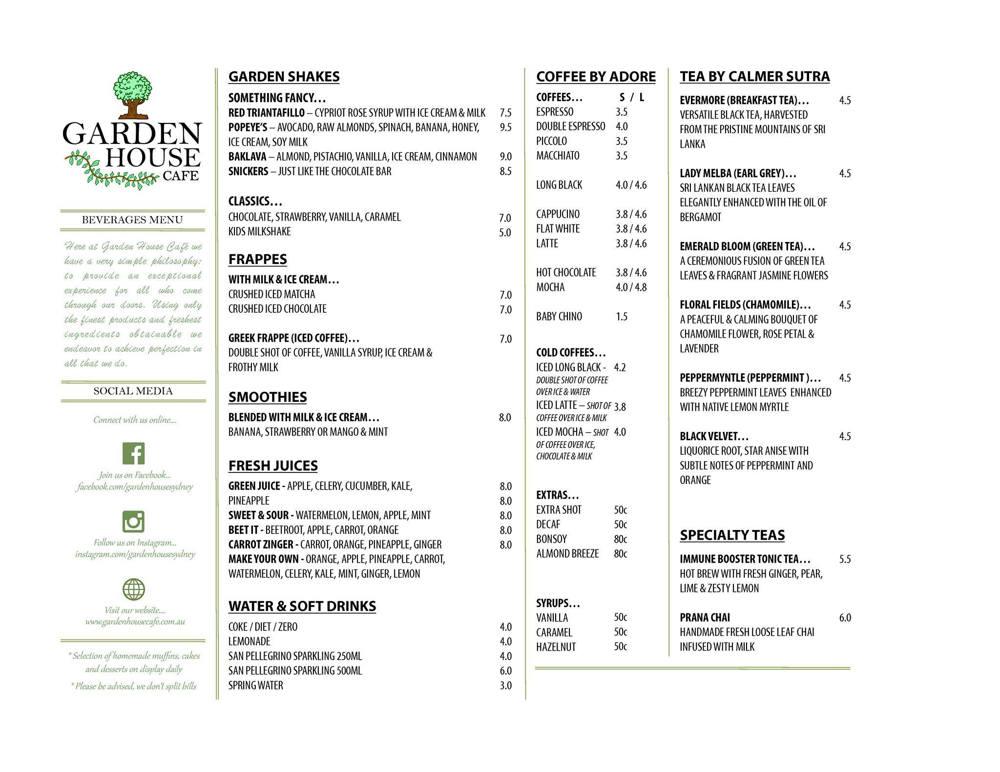 Menu at Garden House Cafe, Enfield