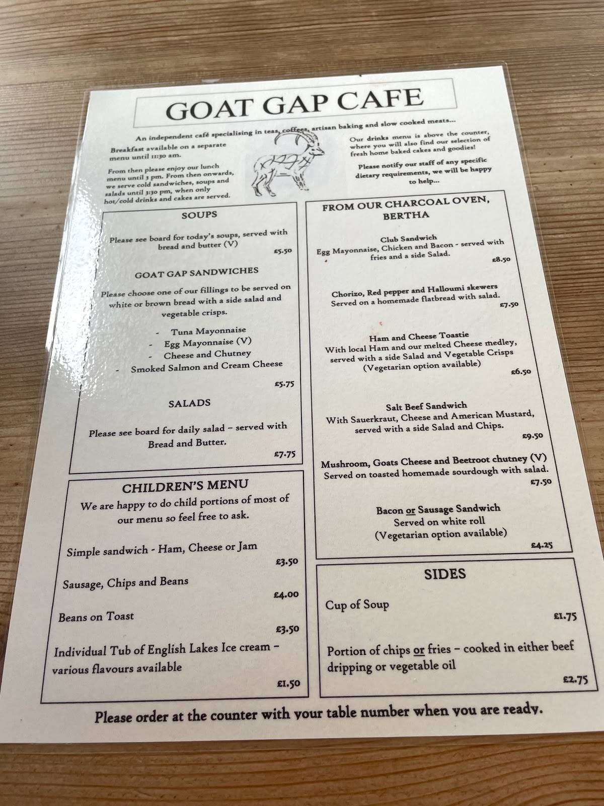 Menu at Goat Gap Cafe, Clapham cum Newby