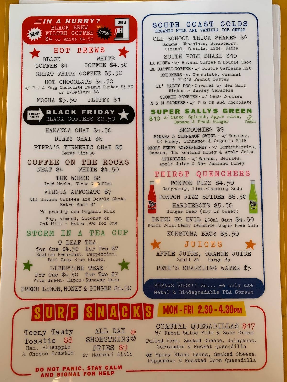 Menu at Maranui Cafe, Wellington