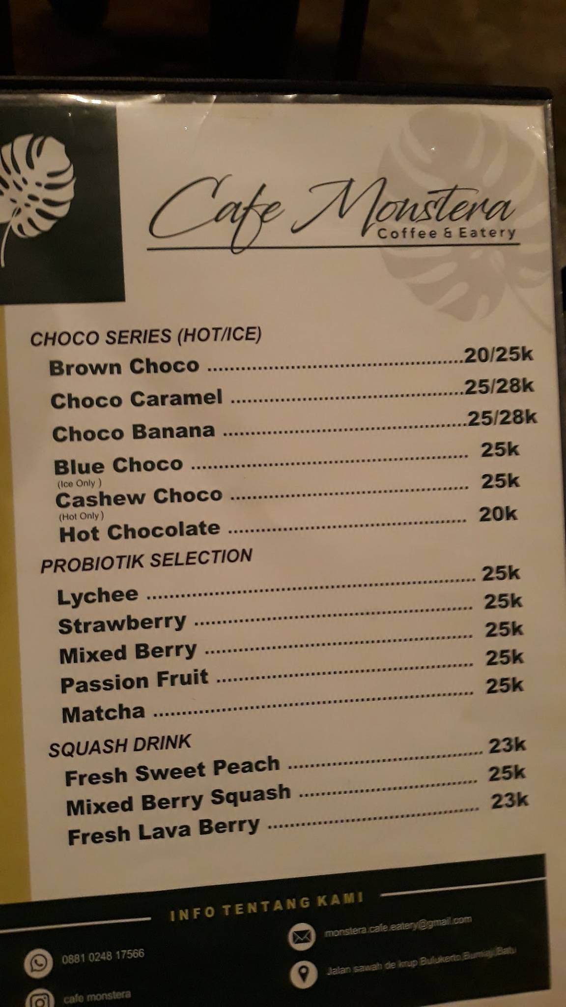 Carta de Cafe Monstera, Batu, Jl. Sawah De krup