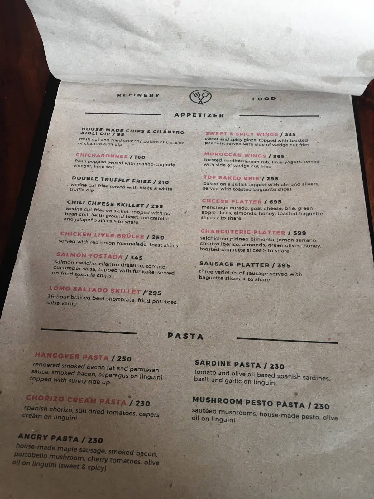 Menu at Refinery cafe, Makati, Joya Tower
