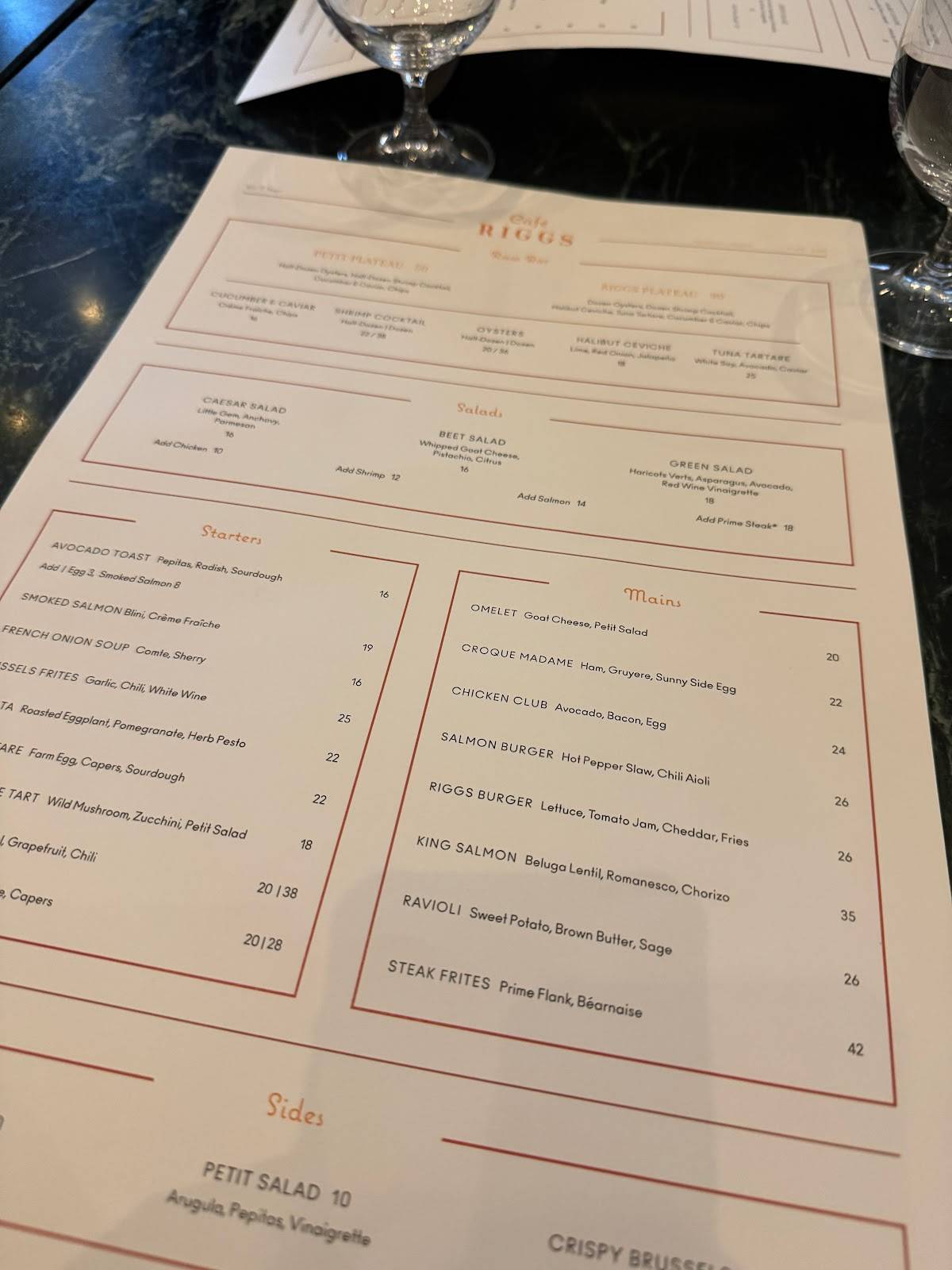 Menu at Café Riggs restaurant, Washington