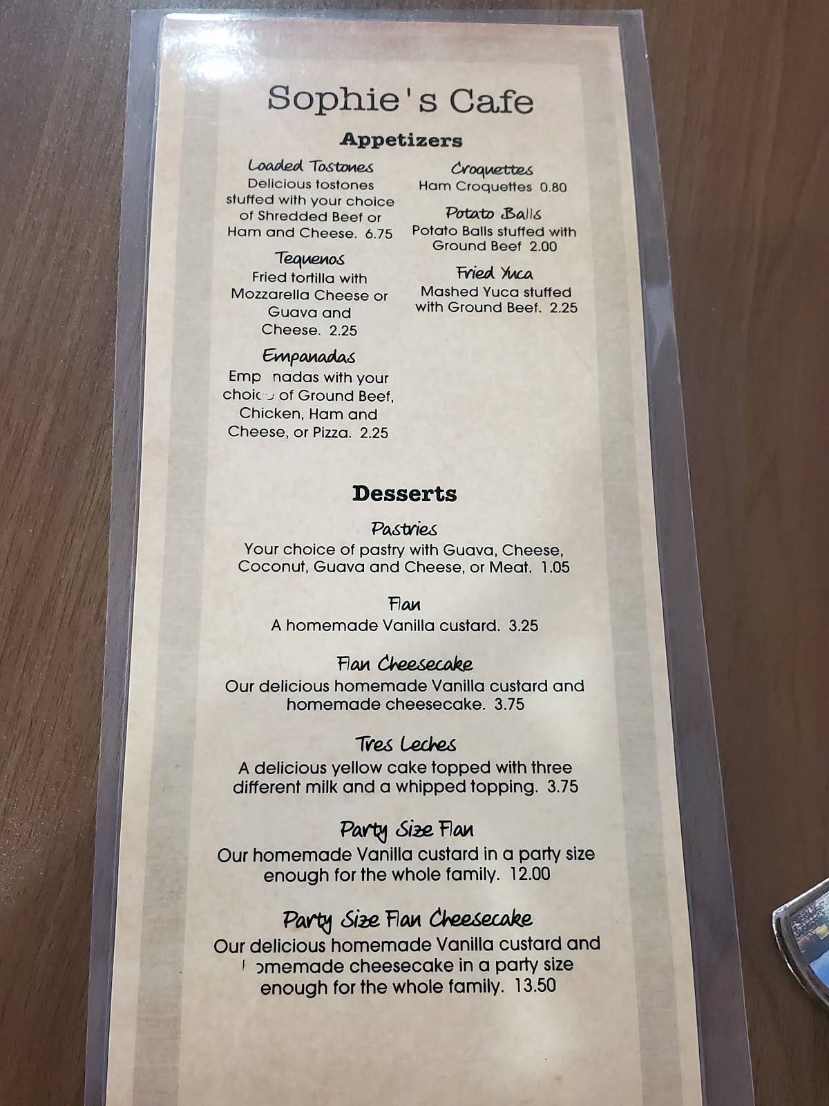 Menu at Sophie’s Cafe, Sebring